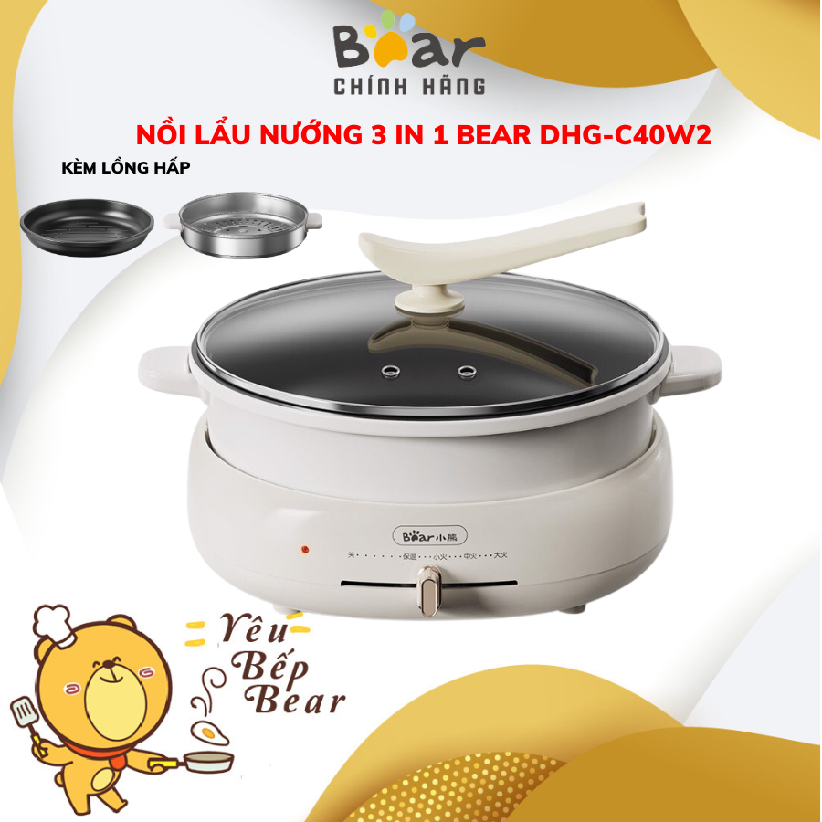 Nồi lẩu điện nướng 3 trong 1 đa năng Bear DHG-C40W2, Dung tích 4L, 1500W, Kèm lồng hấp, BH 18 ...