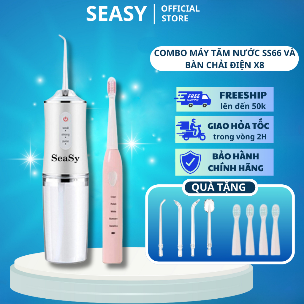 Combo Máy tăm nước cầm tay SeaSy SS66 + Bàn chải đánh răng điện SeaSy ...