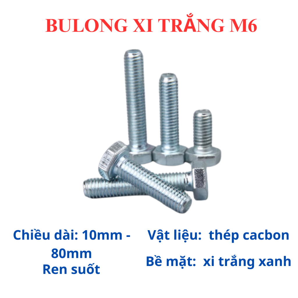 Bulong xi trắng đầu lục giác ngoài M6 (6 li) (10 - 80mm) (Túi 50 con ...