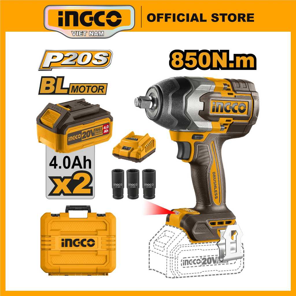 Máy siết bulong INGCO 850NM xe ô tô xe máy xe tải tháo mở ốc bulong pin KHÔNG CHỔI THAN ...