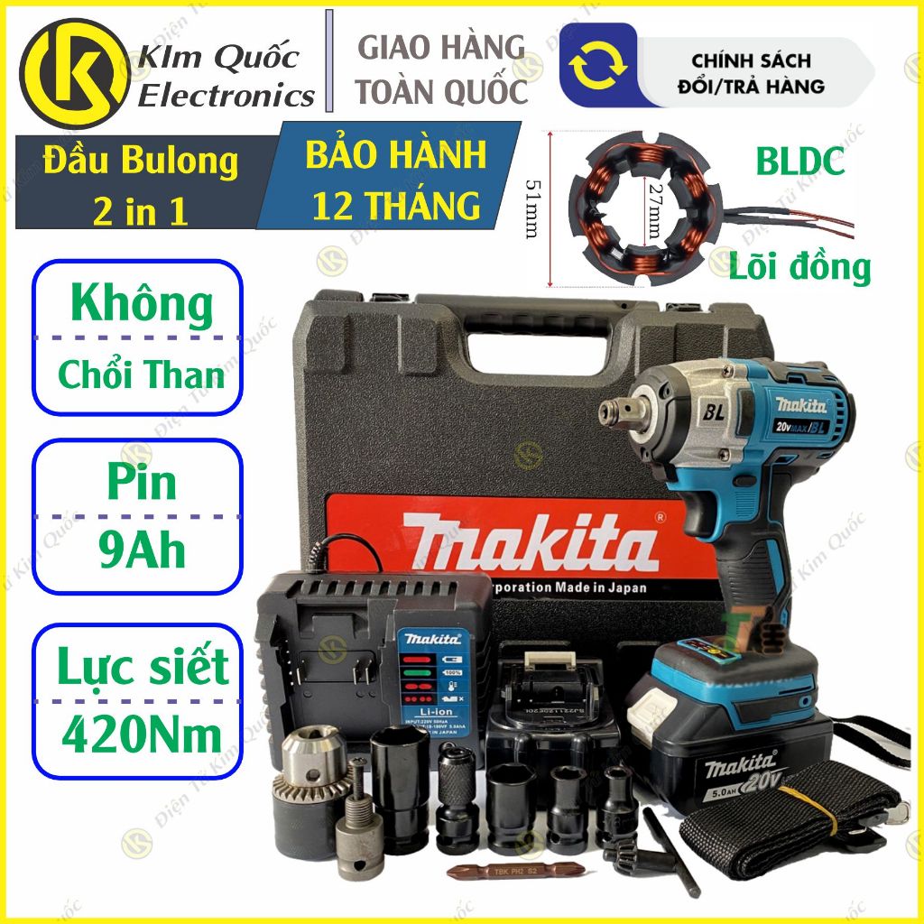 Máy siết bulong Makita 20v động cơ không chổi than BLDC lưc siết 420Nm Pin 9Ah, đầu 2 in 1 ...