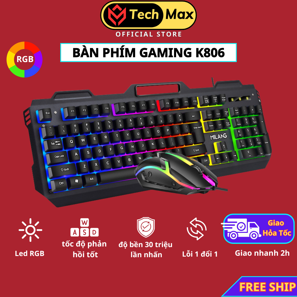Bàn phím chuột máy tính gaming có dây K806 Led RGB chống nước chuyên chơi game PC Laptop văn ...
