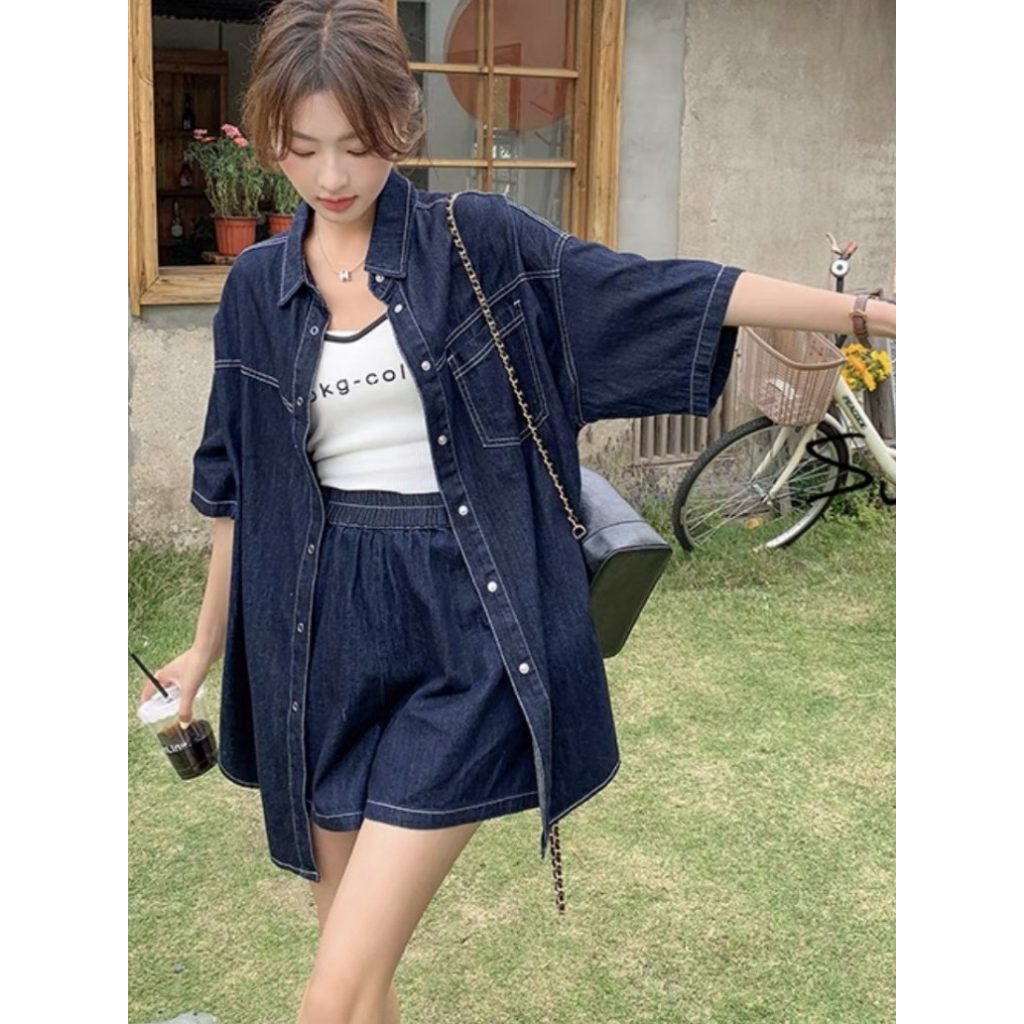 METWO. - Set bộ jeans denim viền chỉ áo sơ mi bò giấy OVERSIZE cộc tay ...