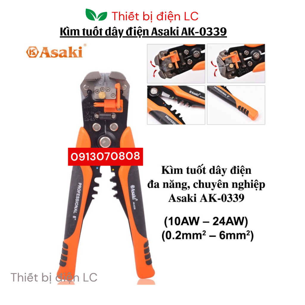 Kìm tuốt dây điện, bấm cos đa năng, tự động Asaki AK-0339 (10AW – 24AW ...
