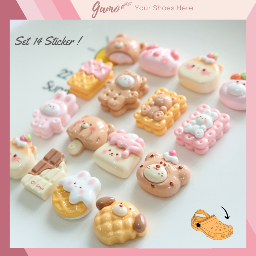 Bộ 15 Charm, Sticker chủ đề bánh gấu Gamo gắn Dép Cross, Dép Sục, Cá ...