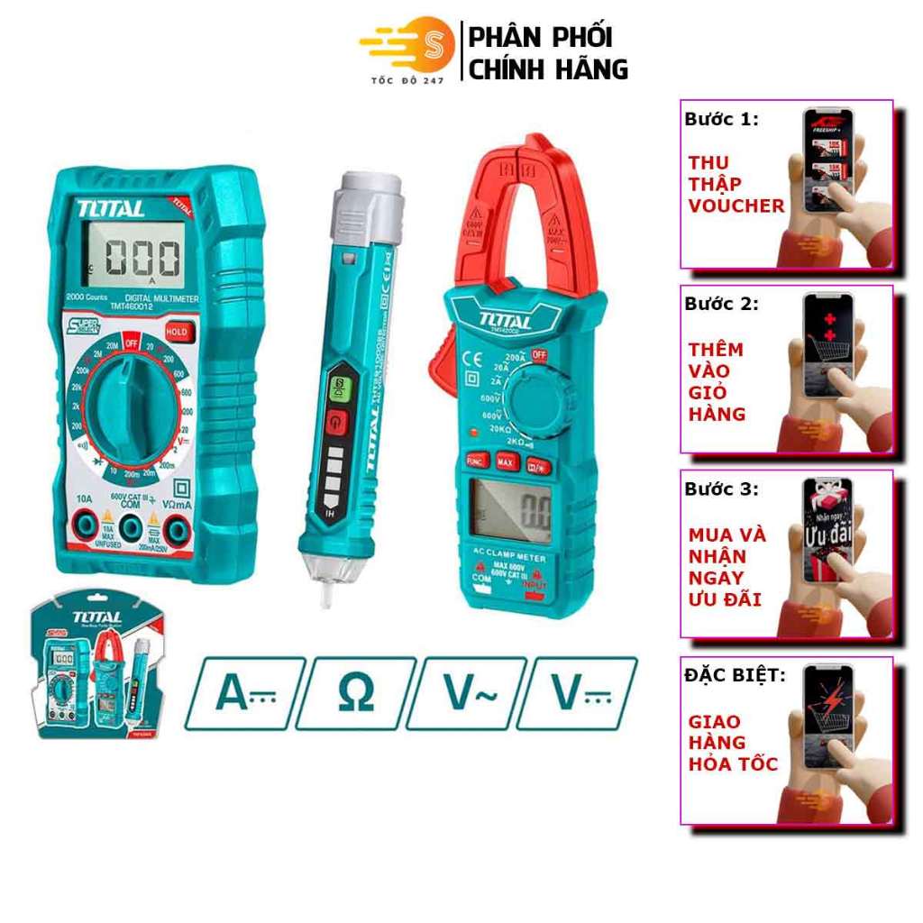 Bộ 3 dụng cụ kiểm tra điện bao gồm kềm đo điện, bút dò điện và đồng hồ vạn năng TOTAL TMT43028 ...