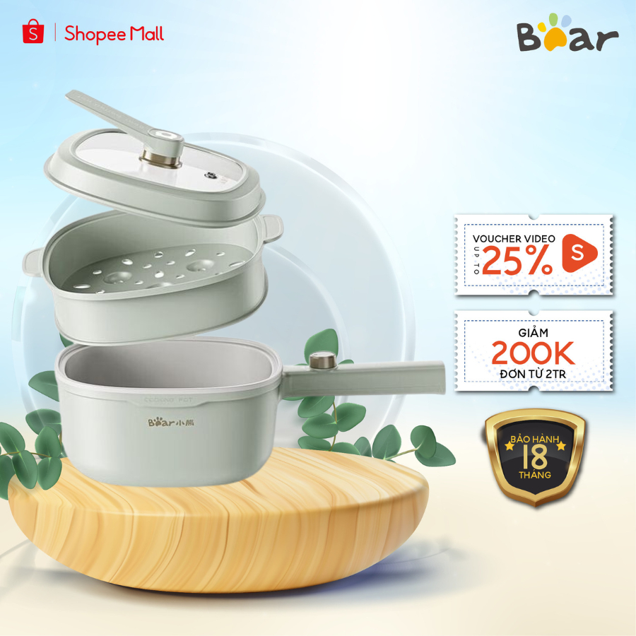 Nồi lẩu điện đa năng dung tích 3L Bear DRG-E30N2, Kèm Lồng Hấp, 1000W ...