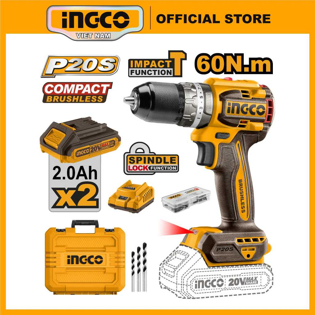 Máy khoan pin 3 chức năng không chổi than khoan tường, gỗ, kim loại siết mở ốc INGCO CIDLI20602 ...