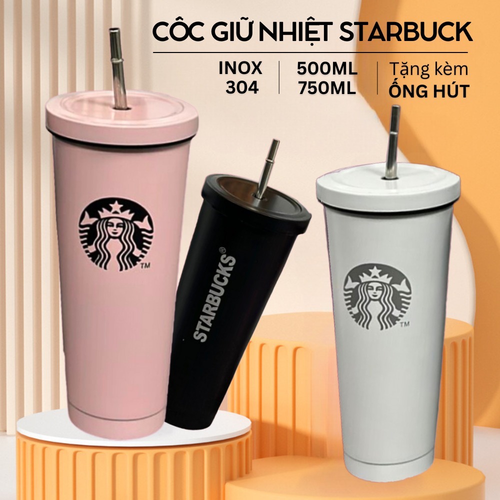 Cốc giữ nhiệt starbuck 750ml inox 304 kèm ống hút inox dễ dàng mang đi ...