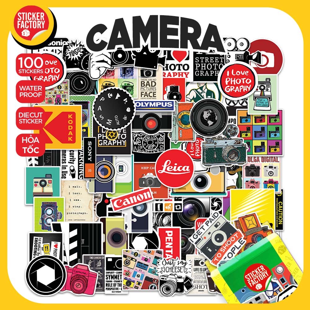Camera - Set 100 sticker decal hình dán nón bảo hiểm, laptop, xe máy, ô ...