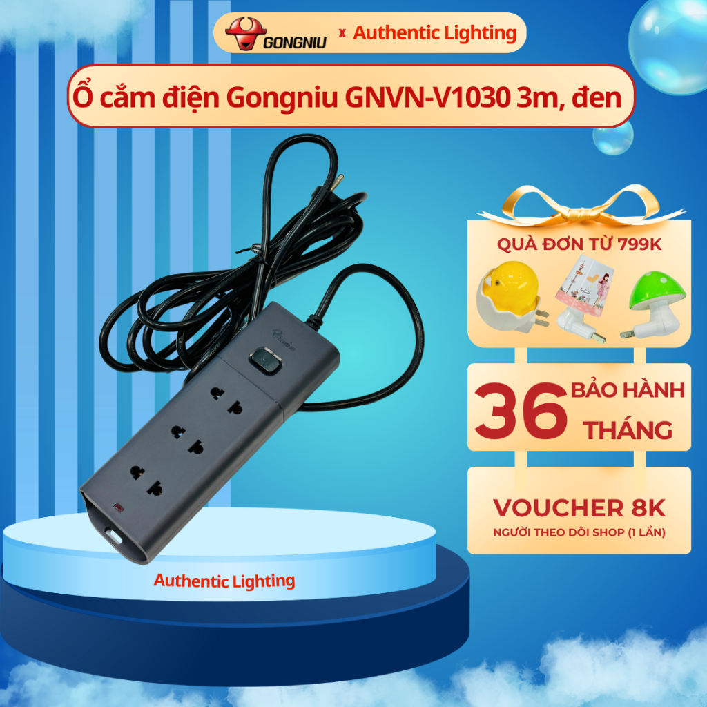 Ổ cắm điện Gongniu GNVN-V1030 - Màu đen, nhựa chống cháy lan, 3 ổ một công tắc, an toàn, dài 3m ...