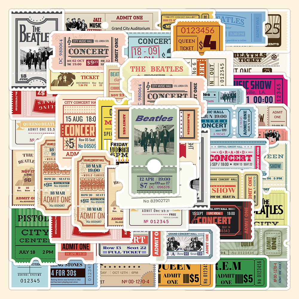 Set 50 chiếc sticker chống nước CONCERT TICKET BEATLES CỔ ĐIỂN RETRO ...