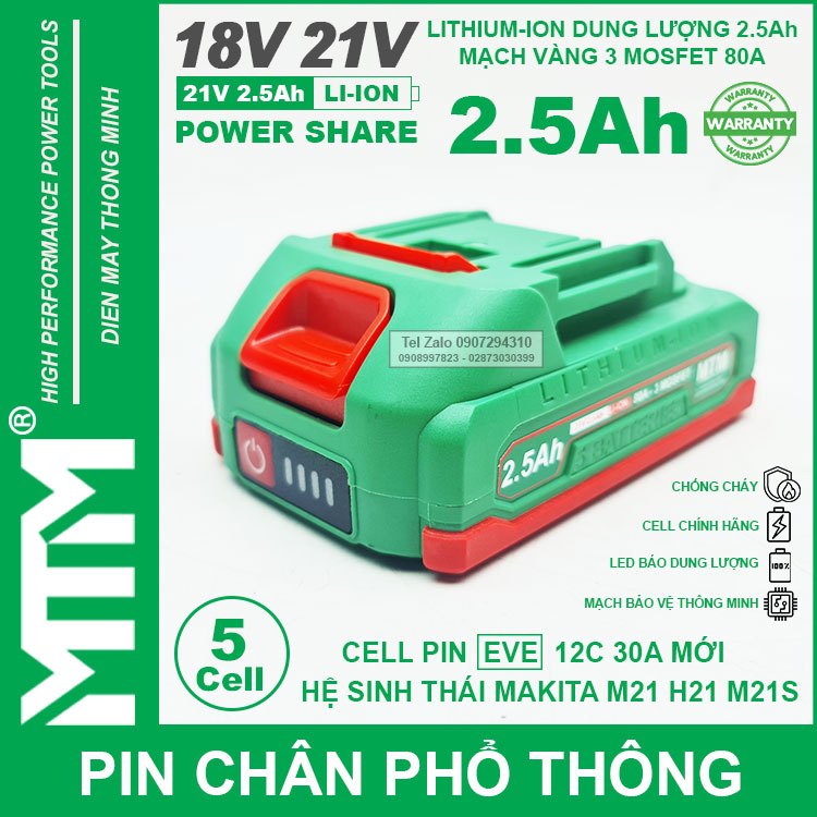 Pin chân phổ thông Makita 18V 21V 2.5Ah 5 cell mạch 80A led báo pin chống sốc – Cell EVE 25P ...