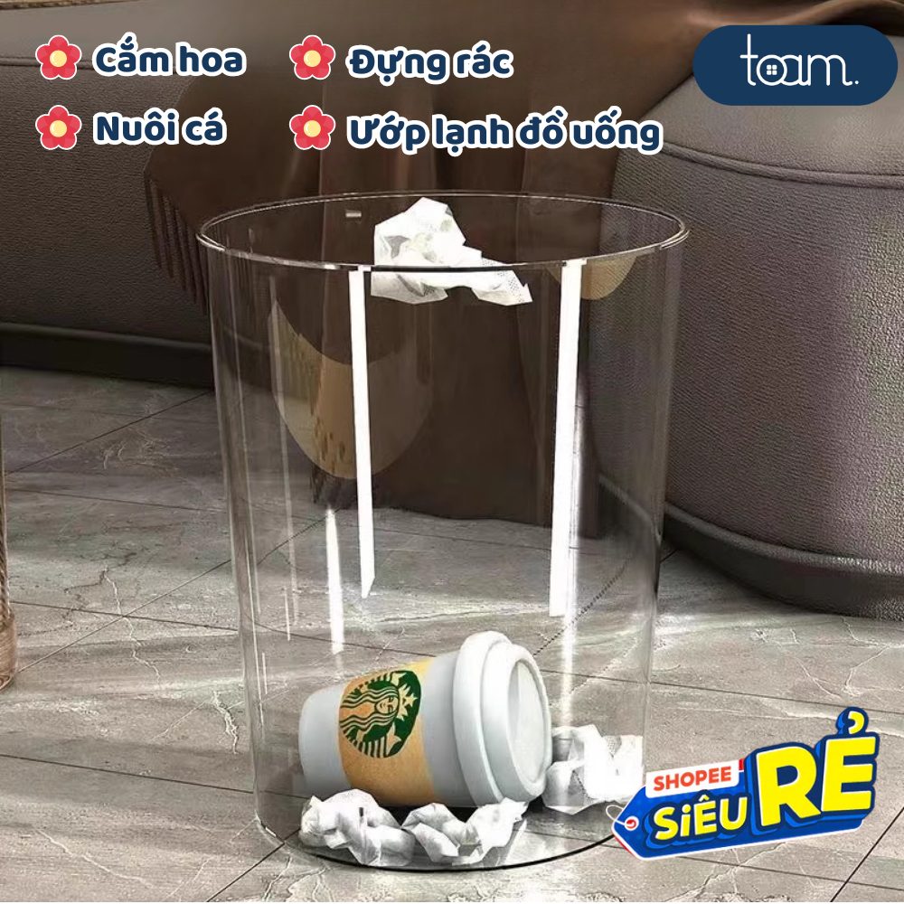 Thùng rác trong suốt decor sang trọng, Xô trong suốt đa năng cắm hoa ...