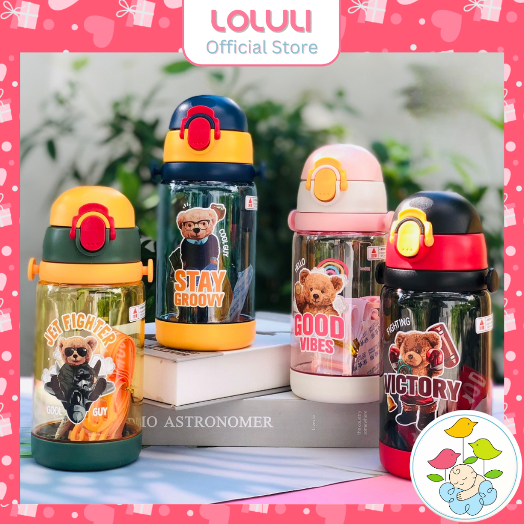 Bình nước trẻ em nút bật mang đi in hình dễ thương có dây đeo nhựa PP dung tích 520ml 3846S-2 ...