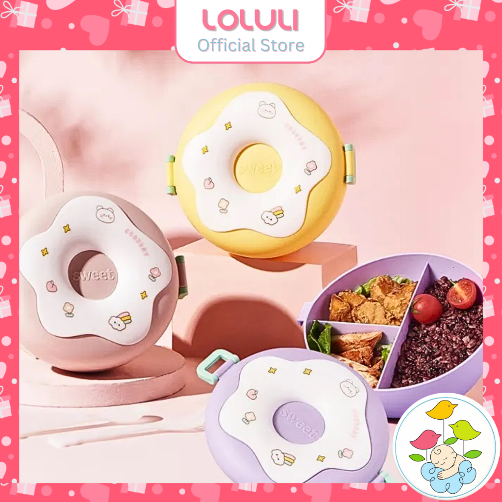 Hộp đựng cơm 3 ngăn hình bánh Donut / Gà tròn/ Gấu nâu dễ thương nhựa ...