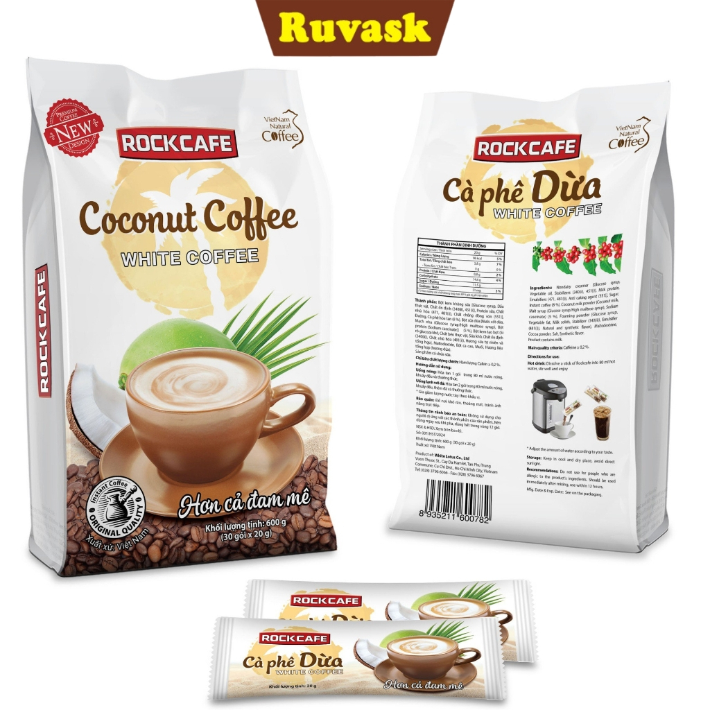 Rockcafe VỊ DỪA Túi 30 gói x 20 g - Cà Phê Sữa Dừa Rockcafe Mẫu Mới Coconut Coffee White Coffee ...