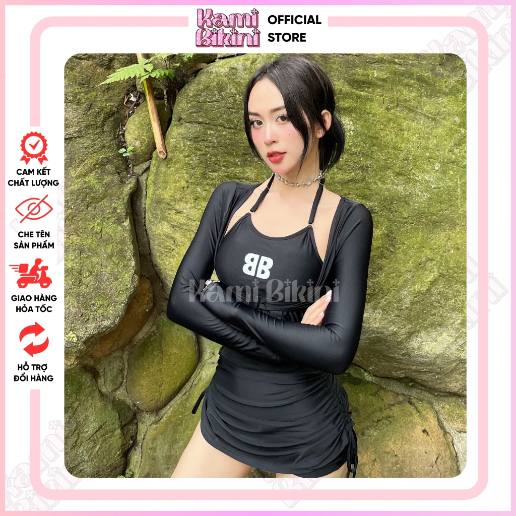 (ẢNH THẬT) Set Bikini KAMI BB SEAFOAM 3 chi tiết sang chảnh + chi tiết mặc dời chất thun lạnh co ...