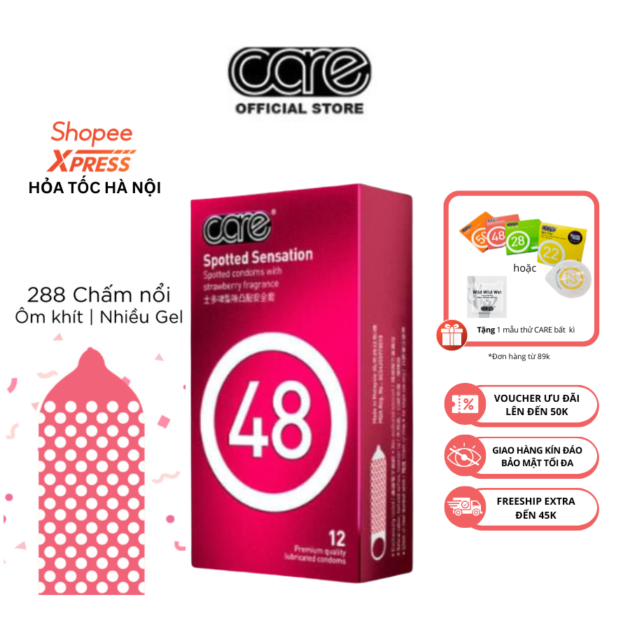 Bao Cao Su có gai CARE 48 Hương Dâu, Kéo Dài Thời Gian, Mỏng Nhiều Gel ...
