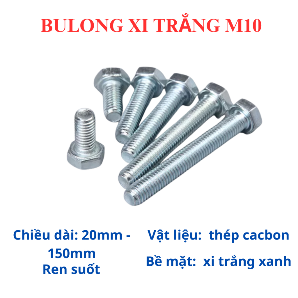 Set 20 con bulong M10 mạ kẽm xi trắng đủ size (20-150mm), bulong lục ...