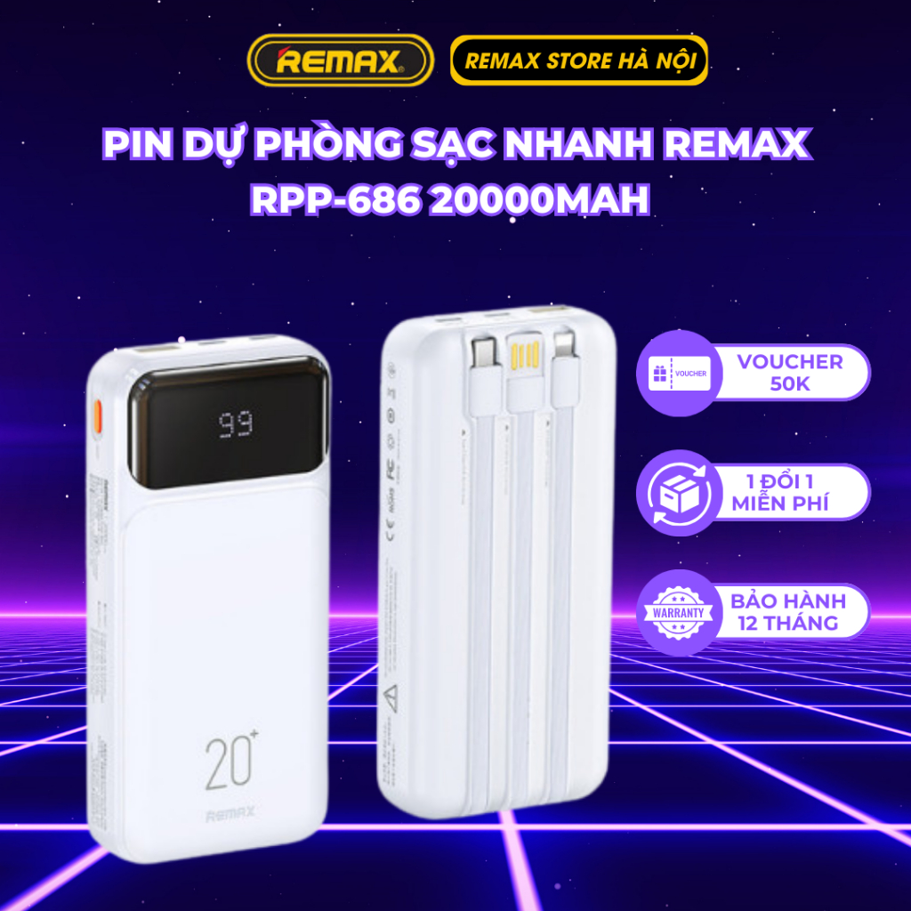Pin dự phòng sạc Nhanh Remax RPP-686 20000mAh QC PD max 22.5W màn hình LED 3 cổng USB/ Type C ...