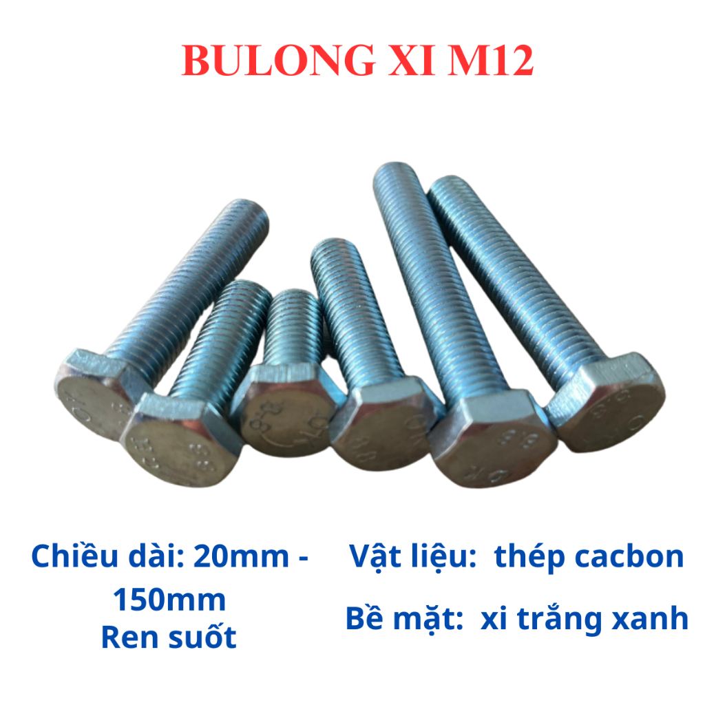 Bulong mạ kẽm xi trắng M12 (30mm - 150mm), bulong lục giác ngoài 12 li ...
