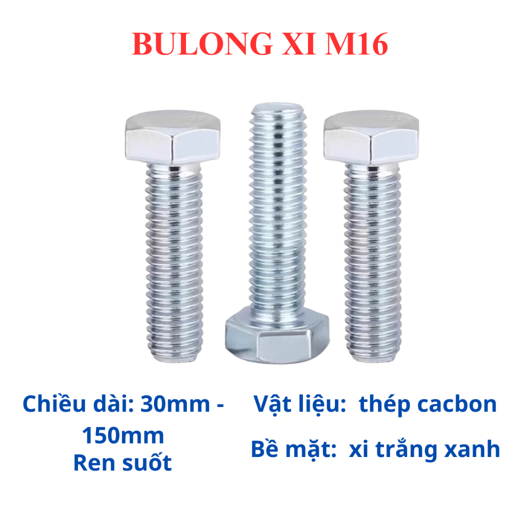 Set 5 bộ bulong + con tán mạ kẽm M16. Bulong lục giác ngoài 16 li size 30mm - 150mm | Shopee ...