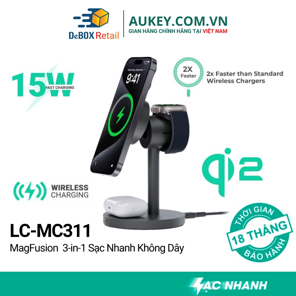 Đế sạc nhanh đa năng không dây hít từ tính 3 in 1 AUKEY LC-MC311 MagFusion Qi2 15W - Hàng chính ...