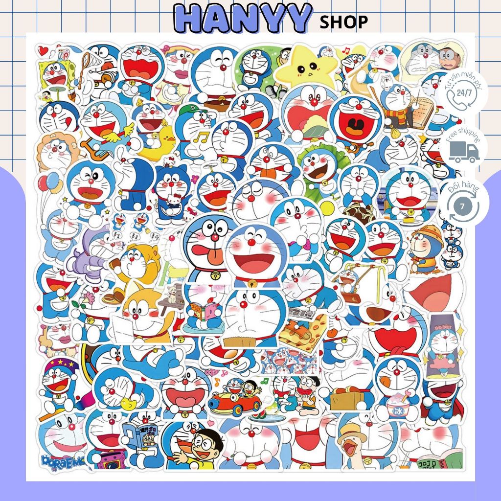 Set 50/100 Sticker Doraemon KHÔNG TRÙNG, Nhãn Dán Trang Trí Laptop, Mũ ...