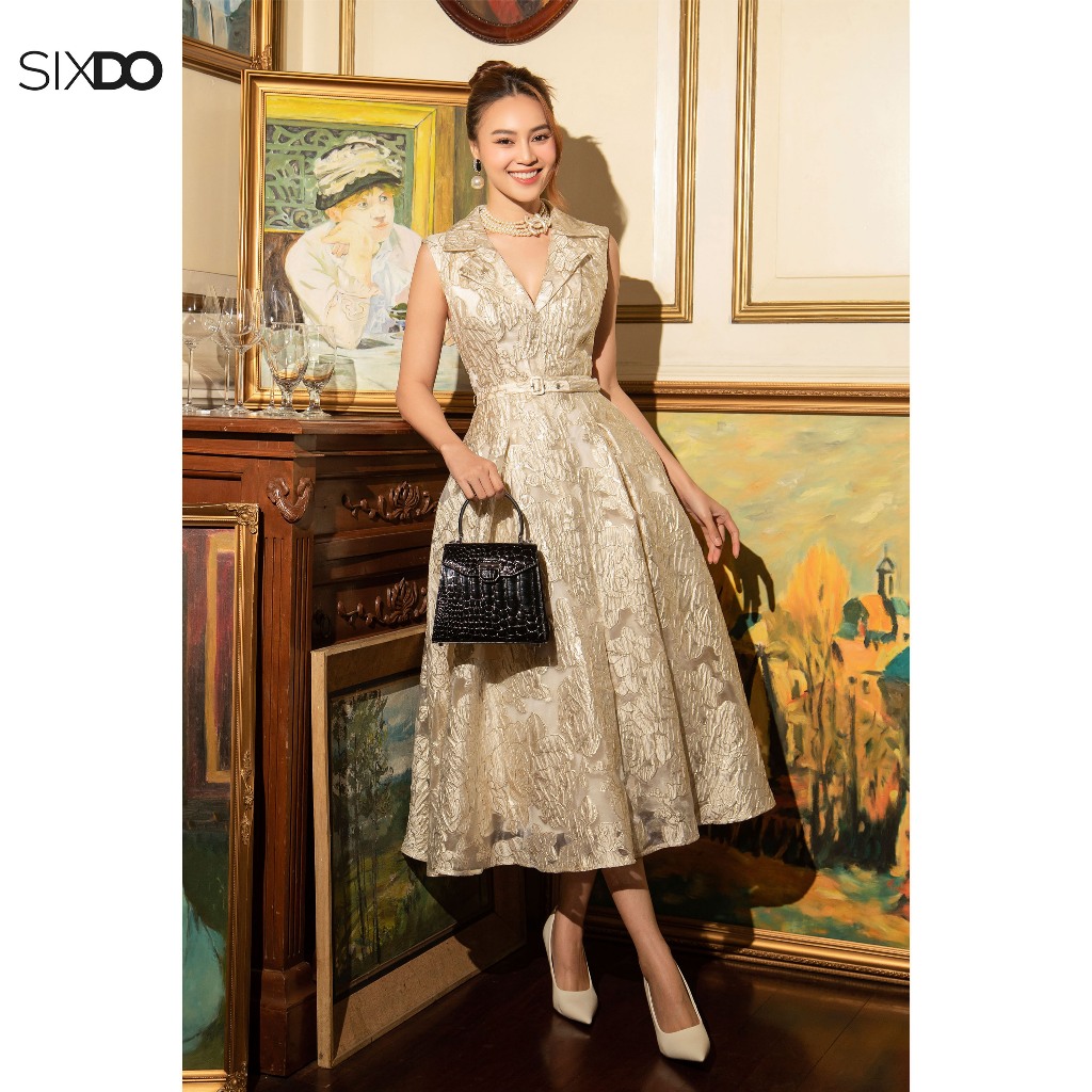 Đầm gấm xòe cổ vest SIXDO (Dark Cream Rose Midi Brocade Dress) | Shopee ...