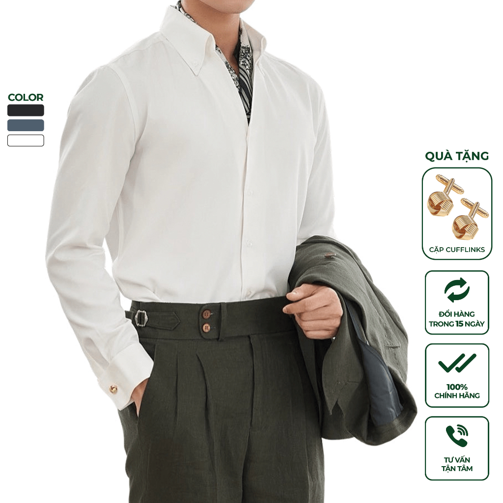 Áo Sơ Mi Nam Trắng Dài Tay Cao Cấp Harold Cổ Button Down + Cufflinks Đi ...