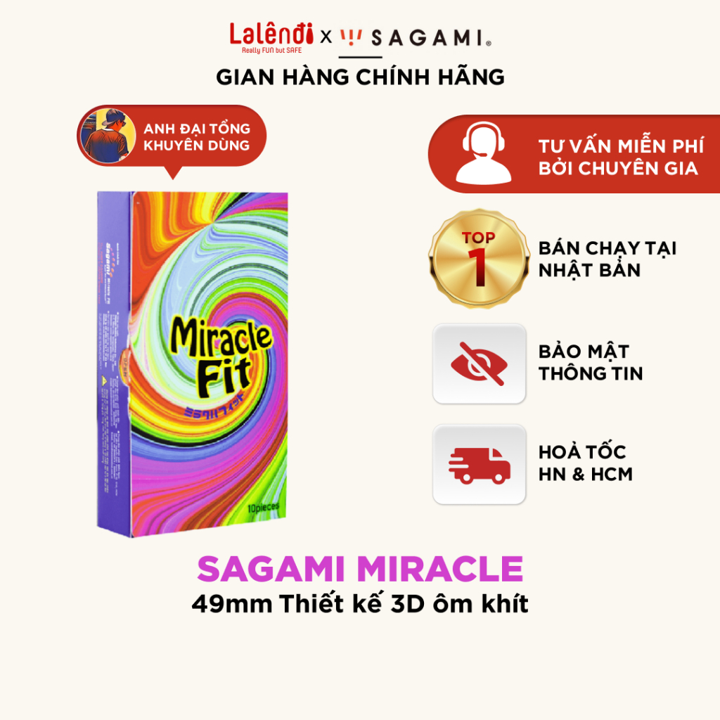 Bao cao su Sagami Miracle Size 49mm Thiết kế 3D Ôm khít Hộp 5 bao ...