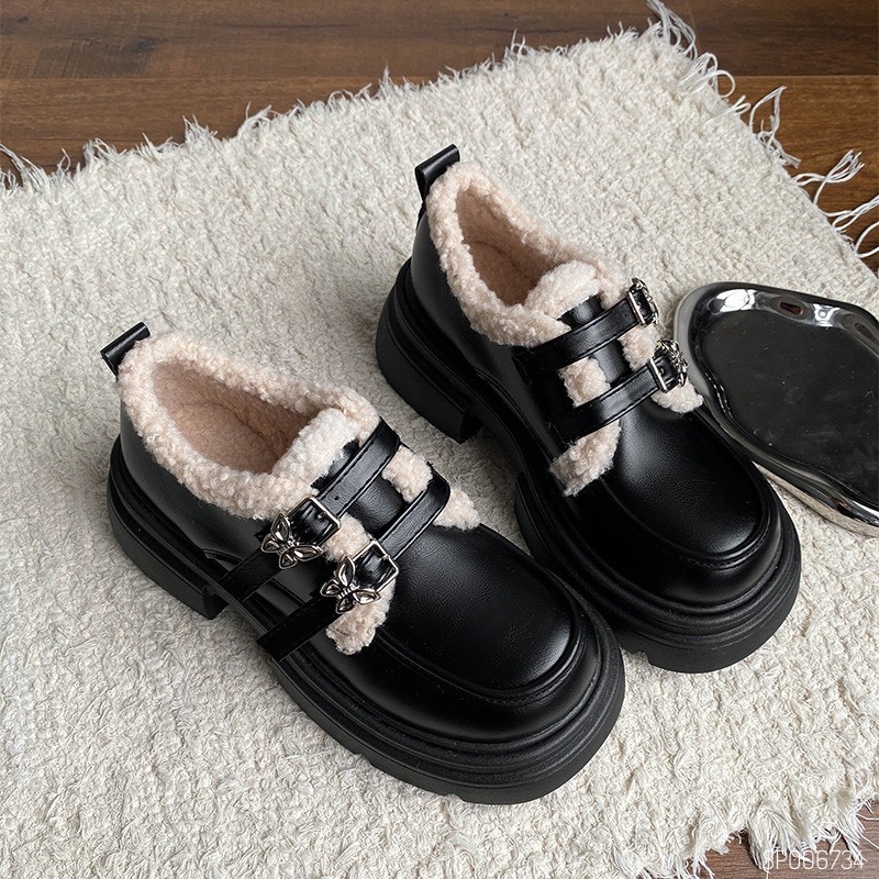 Giày oxford đen 2 quai khuy viền lông ( SP006734) | Shopee Việt Nam