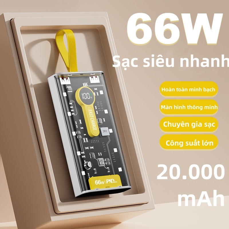 Sạc Dự Phòng Trong Suốt 20000 mAh Với Cổng Sạc Nhanh 66W PD Kèm 4 Đầu Sạc Màn Hình Ô LED ...