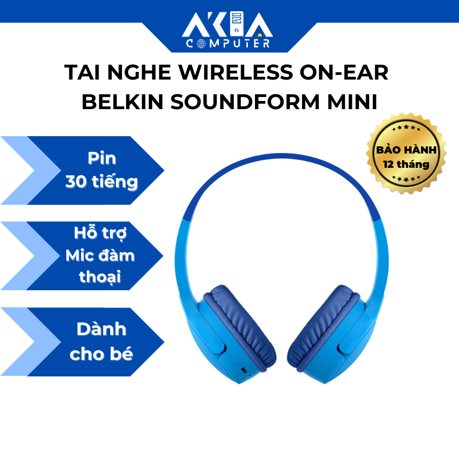 Tai nghe không dây On-Ear Belkin SoundForm Mini, dành cho bé, kết nối ...