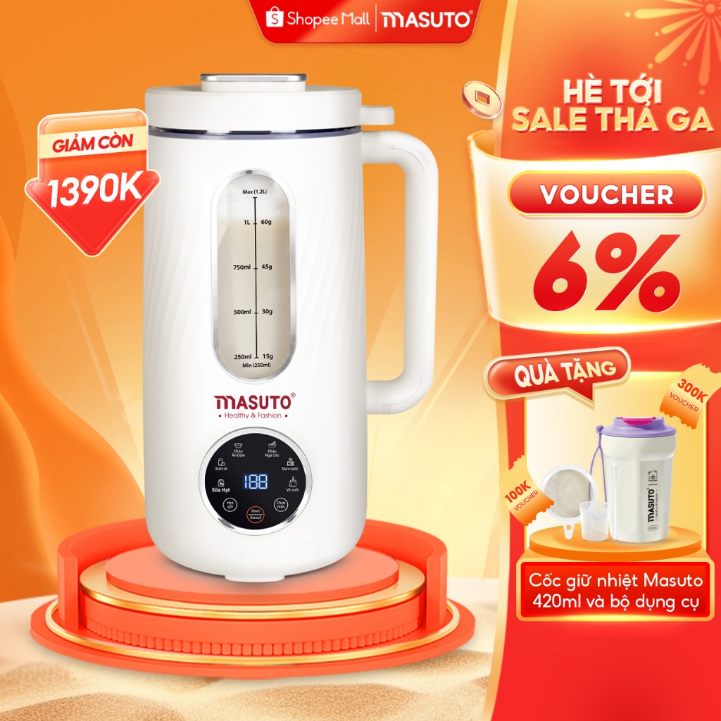 Máy Làm Sữa Hạt Masuto 1L Thủy Tinh Nắp Inox Cường Lực Xay Hạt Nhuyễn ...