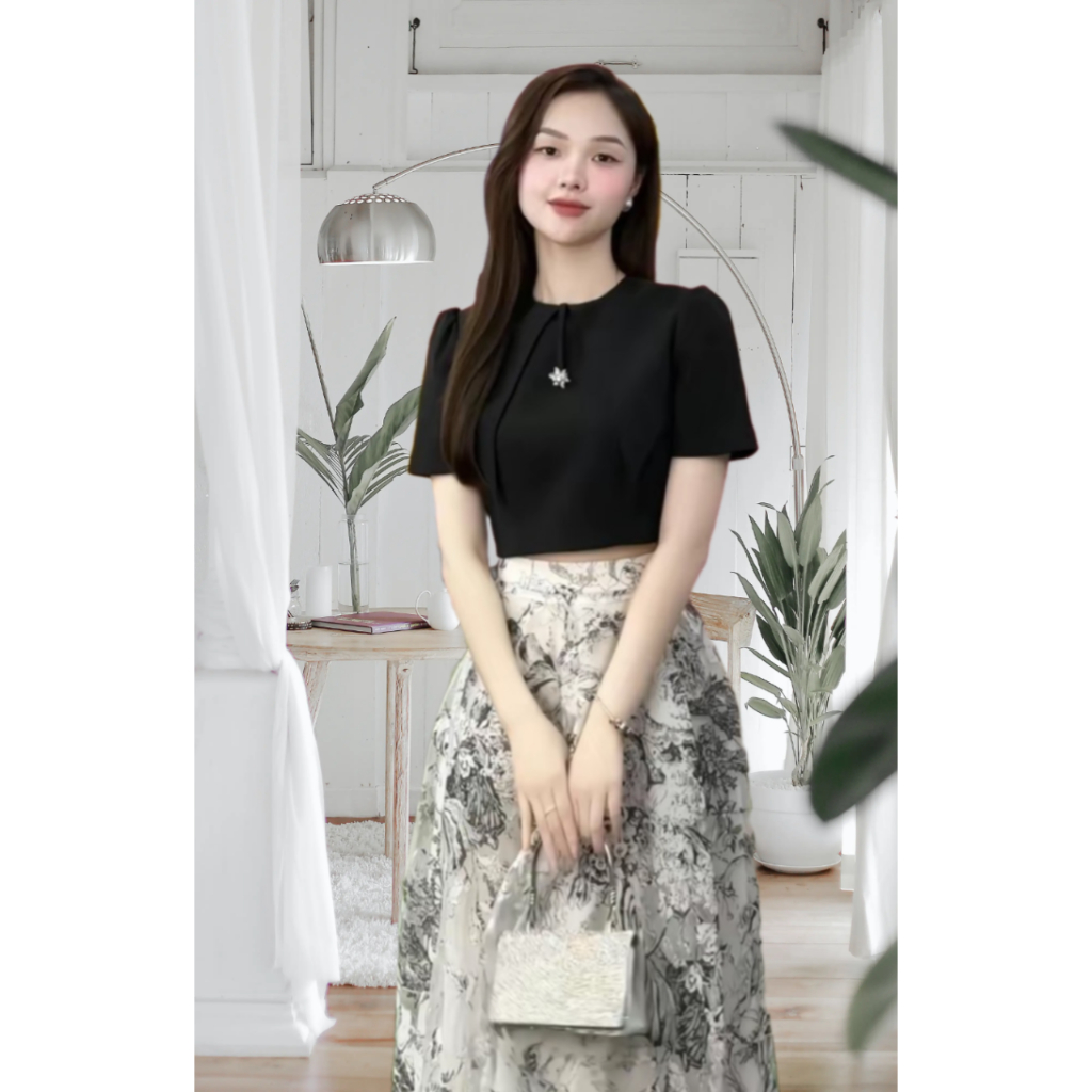 Set Áo croptop cổ tròn cách điệu vạt nhọn chân váy tơ hoa công sở A22 ...