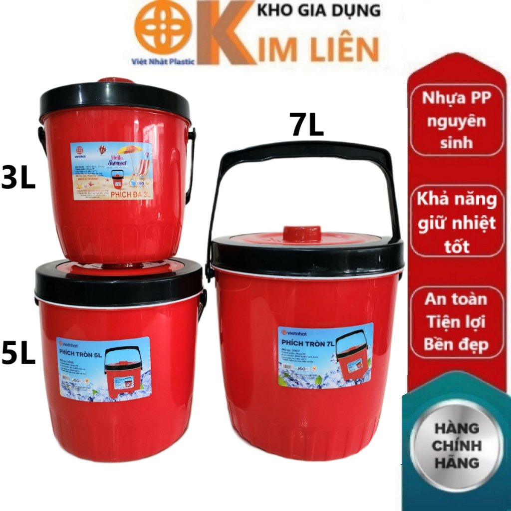 Phích bình đá tròn giữ nhiệt nhựa VIỆT NHẬT 3903 - Cỡ nhỏ 3L, 5L, 7L - Đựng nước, ủ cơm, cháo ...