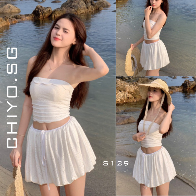 Set bộ đi biển áo ống ren xô + chân váy bí dễ thương CHIYO.SG S129 | Shopee Việt Nam