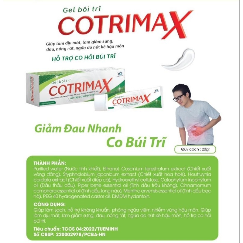 Gel bôi trĩ Cotrimax (tuýp 20g) giúp co búi trĩ giảm đau nhanh | Shopee ...