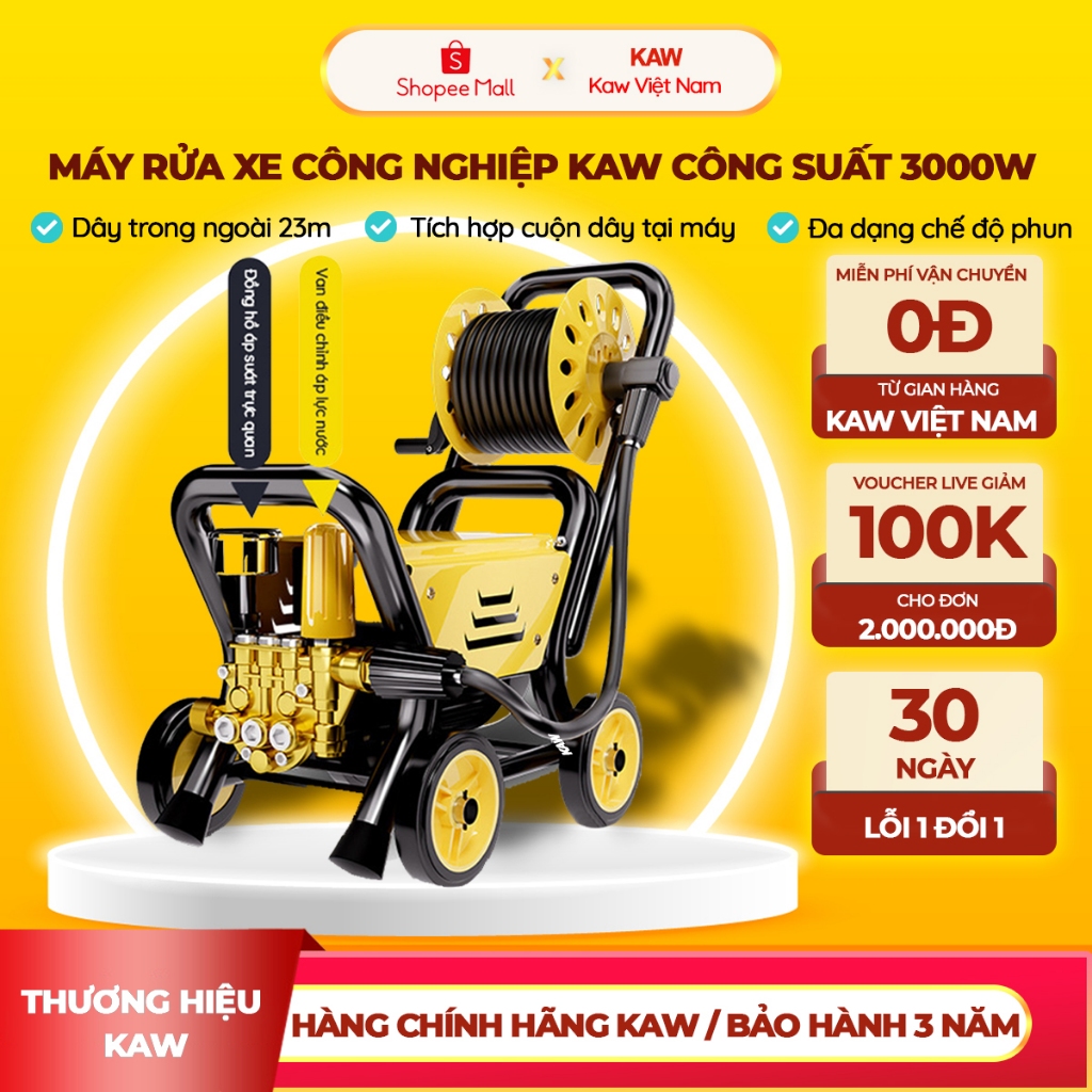 Máy Rửa Xe Công Nghiệp KAW Tầm Phun Xa 10M, Công Suất Lớn 3000W, Dây Ra Vào 23 Mét Dễ Dàng Sử ...