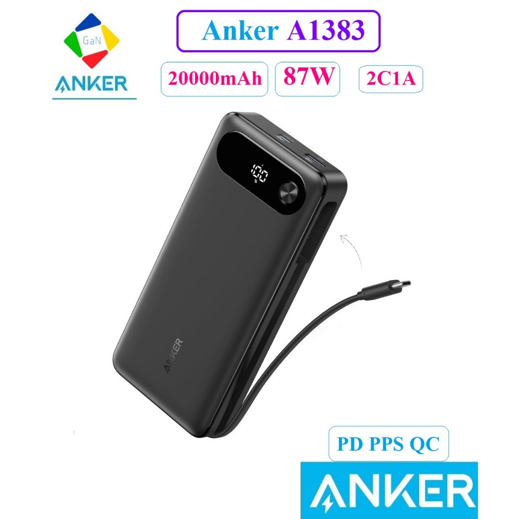 Pin Sạc Dự Phòng Anker A1383 87W 20000mAh 2C1A | Tích Hợp Cáp USB-C Sạc ...