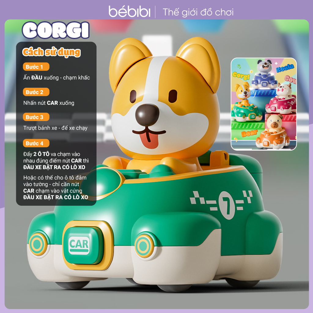 Xe ô tô cho trẻ Bebibi có lò xo ở cổ, khi va chạm lò xo sẽ bật ra ...