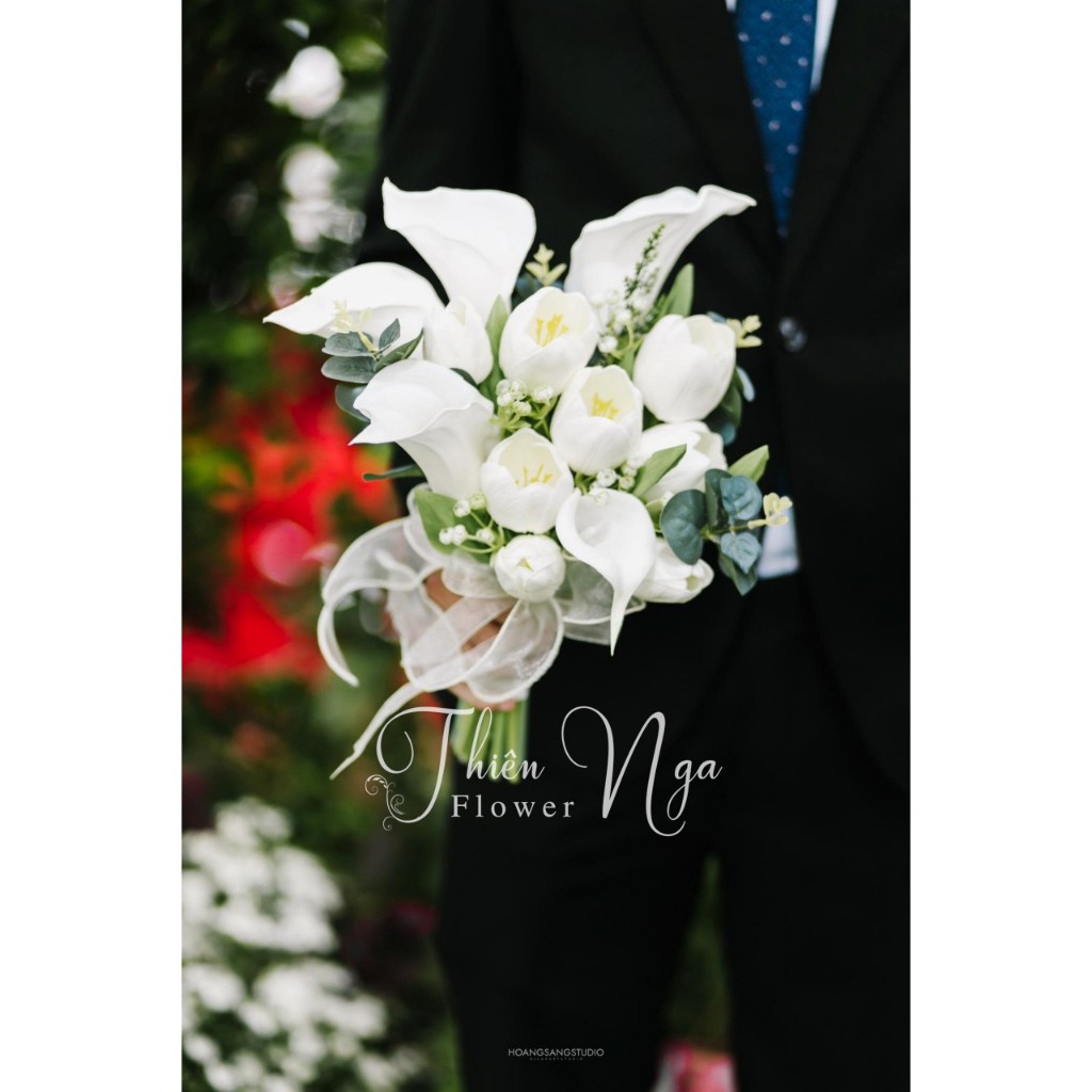 Hoa giả Bó hoa cầm tay cô dâu hoa rum trắng, hoa cưới Calla lily ...