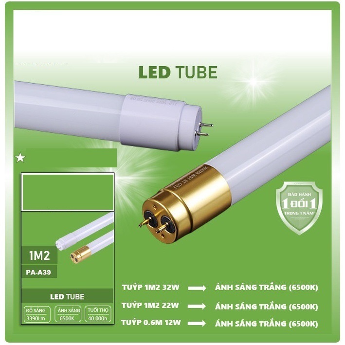 Bóng đèn led tuýp T8 1m2 - 0,6m công suất 12W - 22W - 32W - 40w ánh sáng trắng và Máng đèn đơn ...