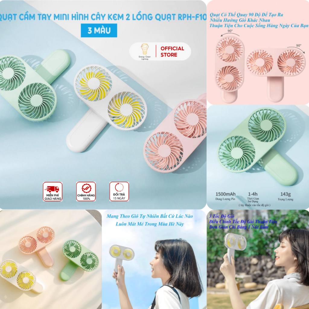 Quạt Mini Cầm Tay Energy Green Lighting RPH-F10 7 Cánh Hình Cây Kem - 2 ...
