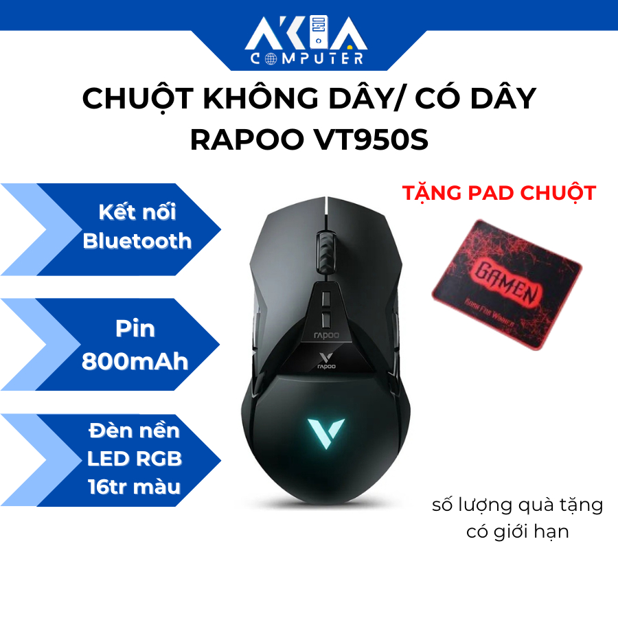 Chuột máy tính Gaming RAPOO VT950S có dây/ không dây, kết nối bluetooth, màu LED RGB, pin 800mAh ...