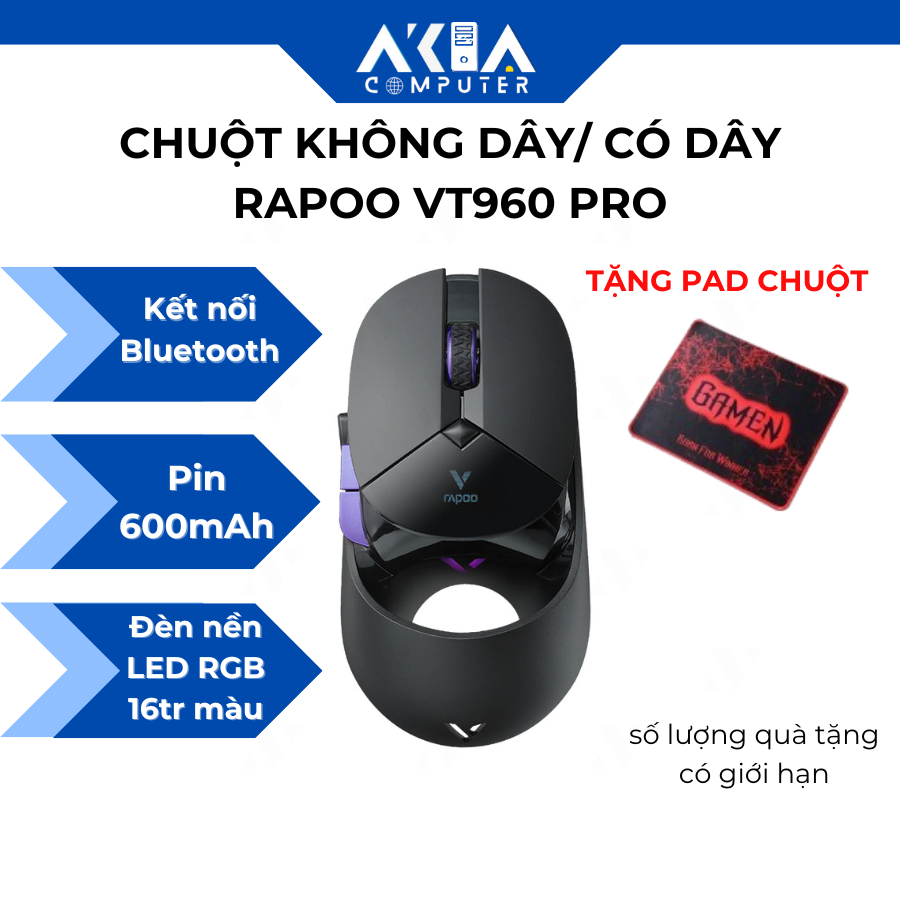Chuột máy tính Gaming Rapoo VT960 PRO RGB, có dây/ không dây, pin ...