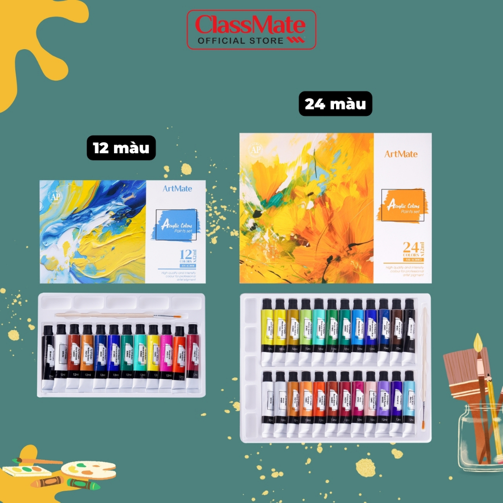 Màu Acrylic ARTMATE Màu Nước Acrylic Tuýp 12ml, 12/24 Màu Mịn Dễ Tán ...