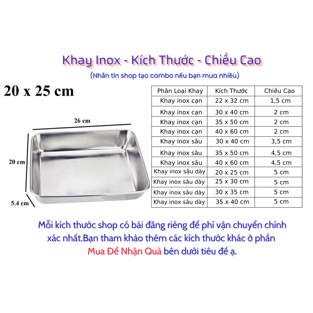 Khay inox 304 kích thước 20x25 đựng thức ăn - topping khay nhôm hình nhữ nhật sâu lòng loại đặc ...